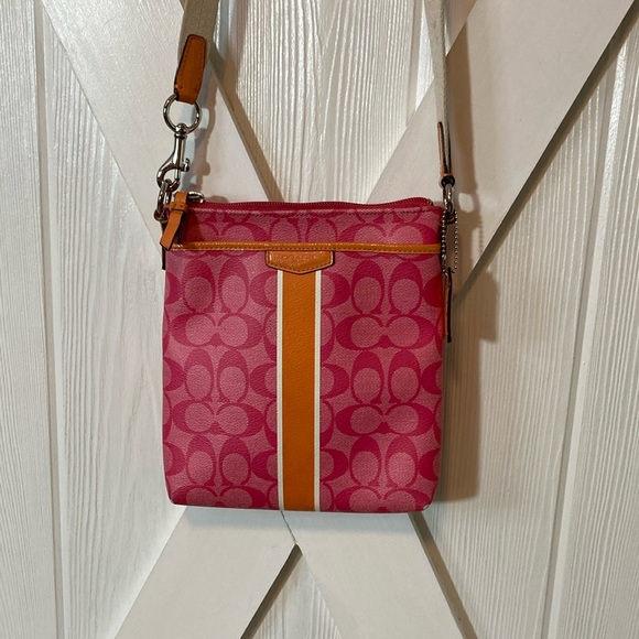 Coach | Bags | Coach Swingpack Rare Signature Stripe Pinkorange Coated ...